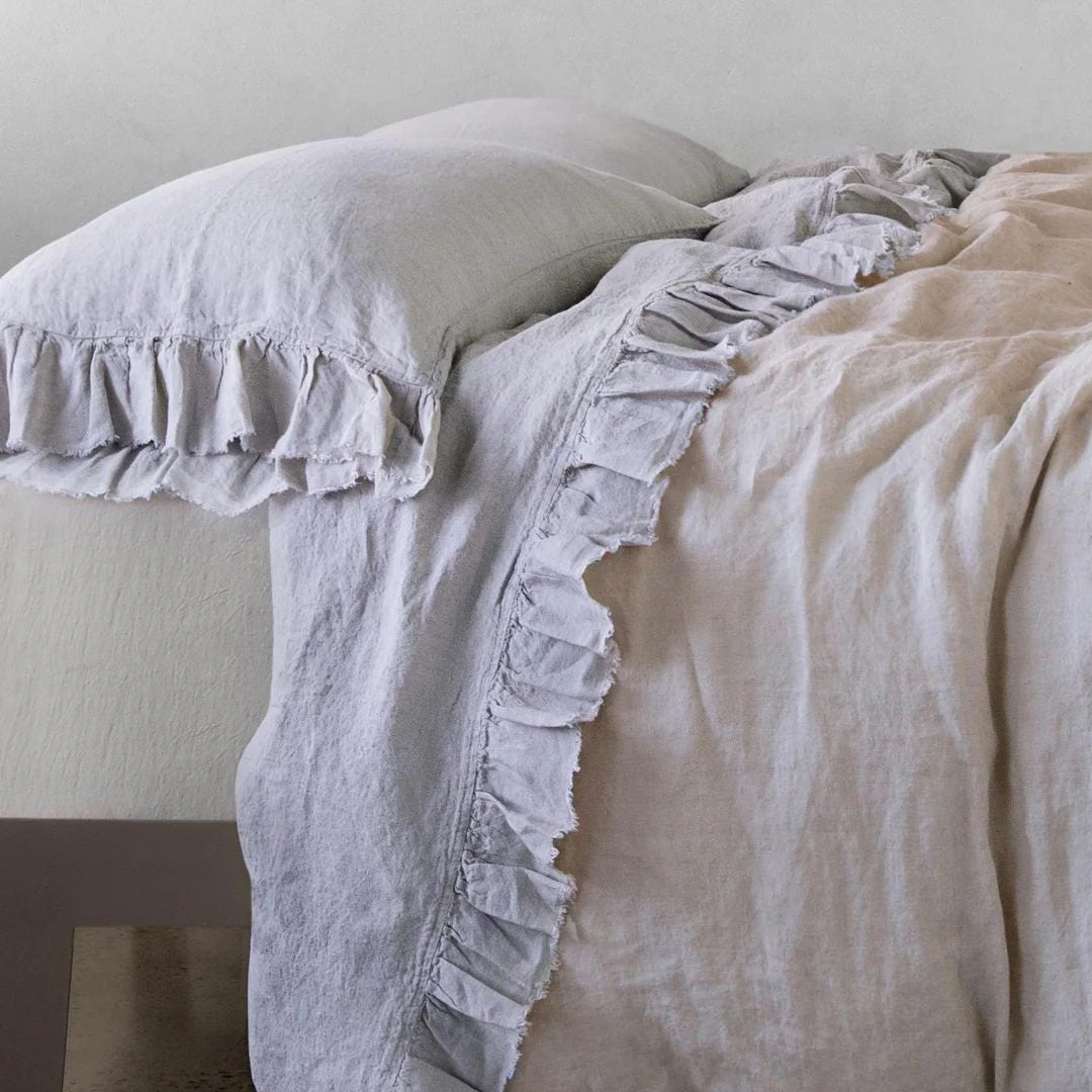Kristine Linen Flat Sheet + Ruffle | Fog – Suzie Anderson Home